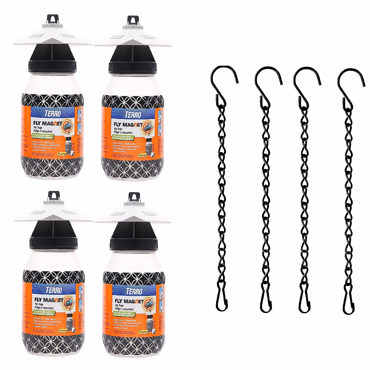 4 Pack of TERRO Fly Magnet, Reusable Fly Trap - Includes 4 Fly Bait Packet and Heavy Duty 9.5 PLEXON Hanging Chain (4 Traps)