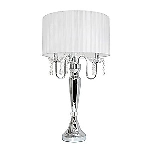 Elegant Designs LT1034-WHT Trendy Sheer Table Lamp with Hanging Crystals and Sheer Shade, White