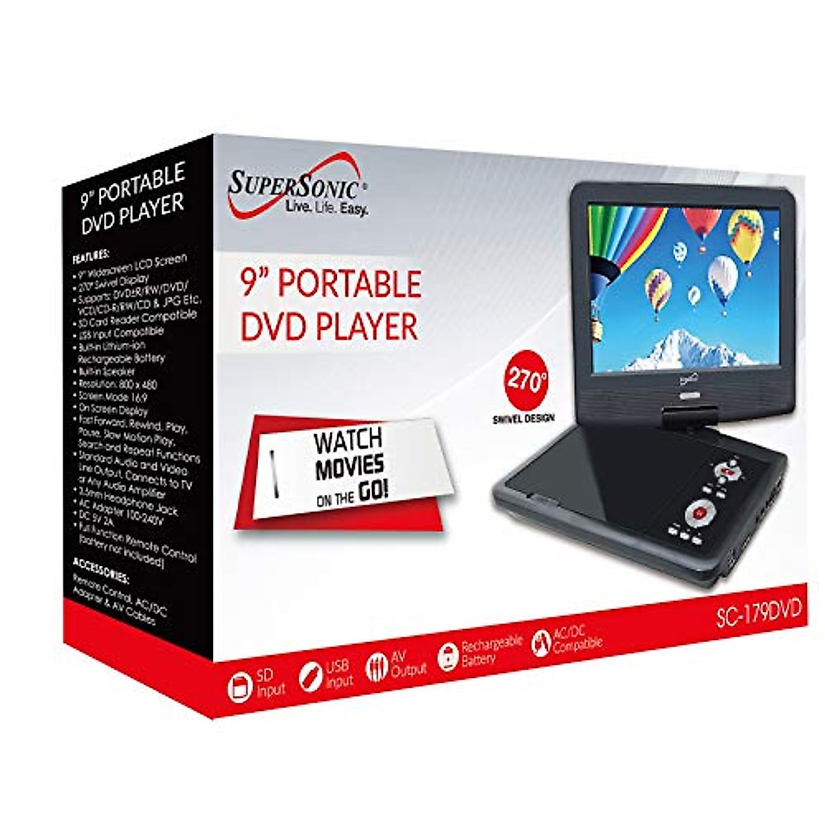 SuperSonic SC-179 Portable DVD Player 9" High Definition: USB and SD inputs with Built-in Lithium Ion Battery and Swivel Display