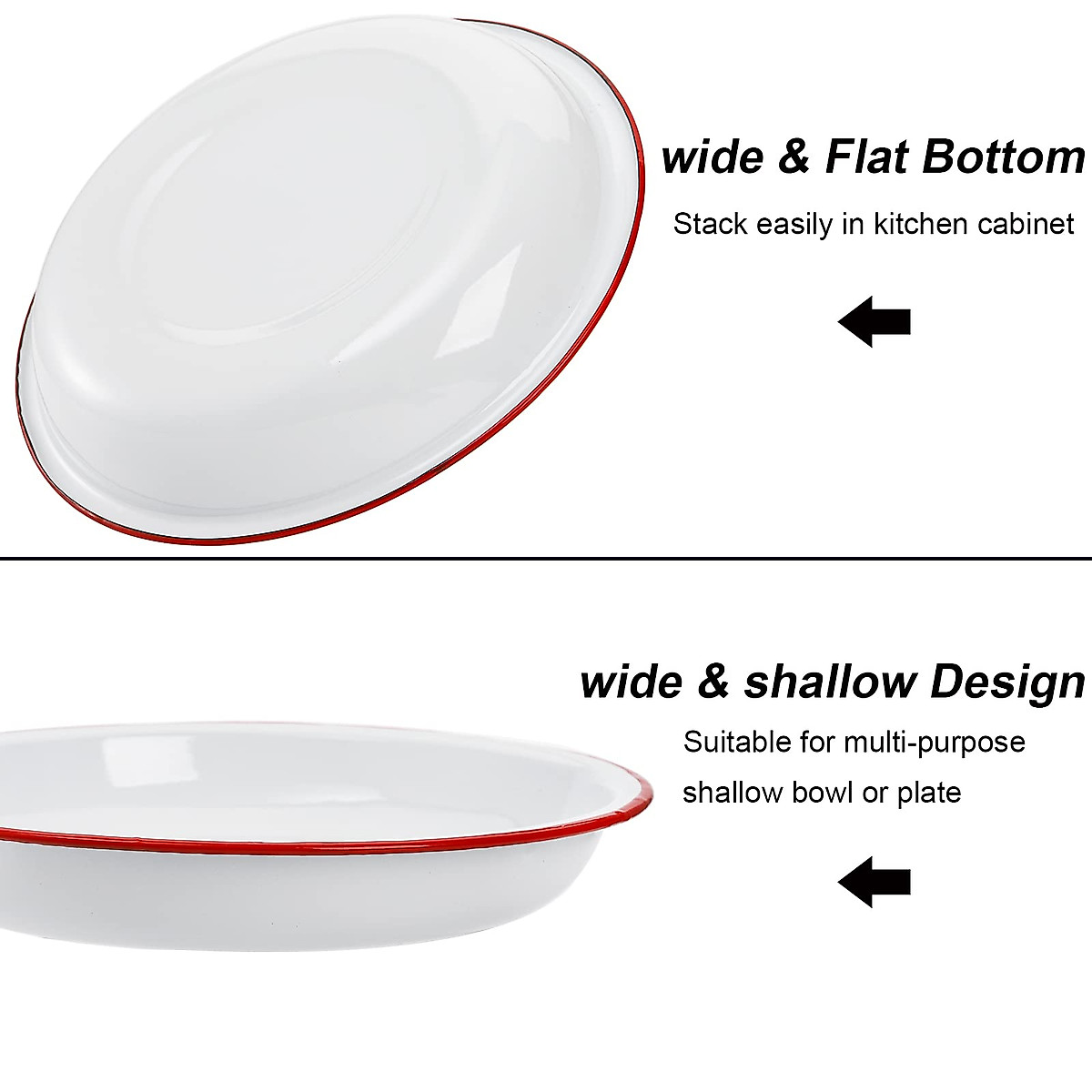 Lawei Set of 4 Enamel Dinner Plates, 10 Inch Round Enameled Camping Plate with Red Rim, Retro Salad Pasta Bowls Enamel Deep Dinner Serving Platter for Dinner, Outdoor, Picnic, BBQ, Butter