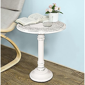Side Table,Round End Table,Small Table,Side Tables Living Room,End Table,Round Side Table,Altar Table, Carved Side Table,Wood Accent Table,Carved Wood Table Single Pillar 18x22 inch White Antique