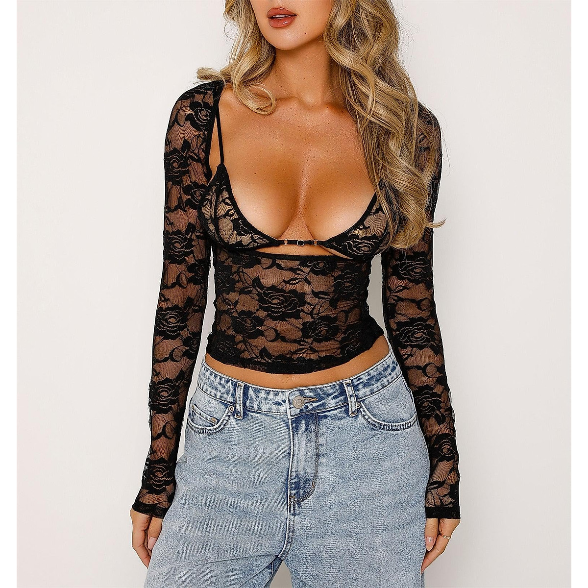 Women Y2K Lace Long Sleeve Top with Bra Sheer Mesh See Through Sexy Going Out Tops Black 2PCS L