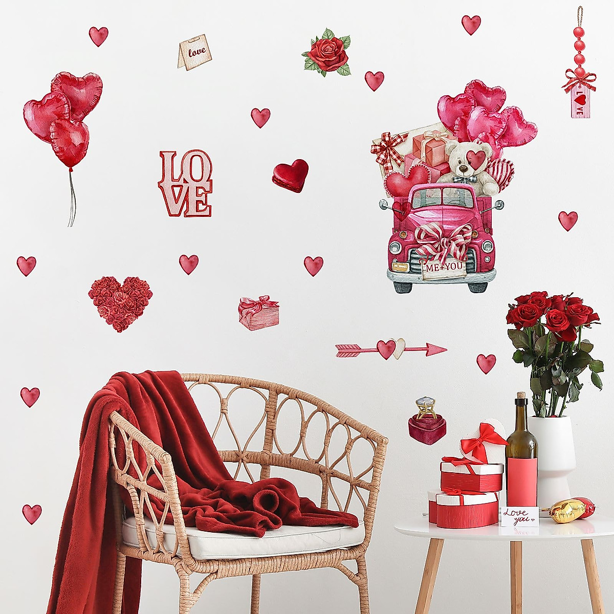 Valentine's Day Love Wall Decals Red Truck Balloon Window Clings Wall Stickers Rose Diamond Ring Romantic Decals Removable Peel and Stick Murals for Home Bedroom Living Room Wedding Anniversary Decor