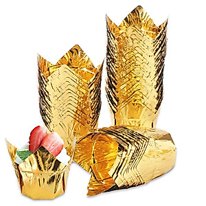 EUSOAR Disposable Baking Cups, 3.5 Ounce 50pcs Gold Tulip Cupcake Muffin Liners, Aluminum Foil Tulip Style Cupcake Cups, Foil Cups, Aluminum Cupcake Pan Ramekin Tins