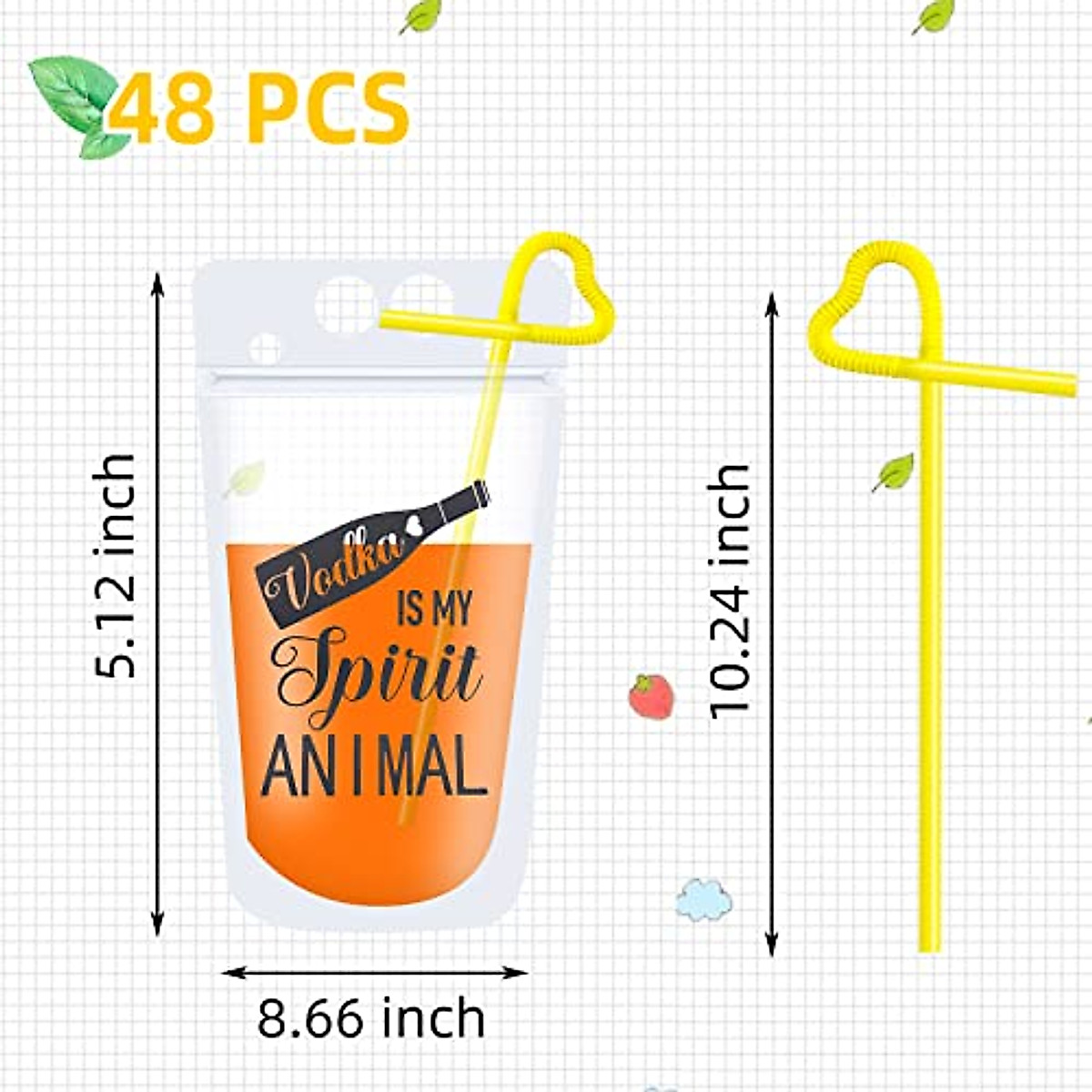 48pc Drink Pouches with Straws, Stand-Up Plastic Drink Pouches for Adults Bags with Zipper Party Beverage Bags Juice Pouches for Smoothie, Cold & Hot Drinks with 48 Drink Straws(48 Sets,6 Styles)