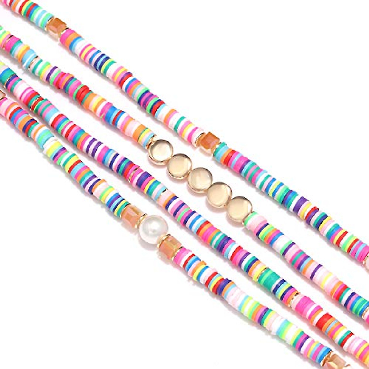 ARATLENCH Heishi Surfer Necklaces Bracelets –Colorful Vinyl Disc Beads Love Necklace Boho Rainbow Stack Stretch Friendship Bracelet Necklaces Set for Women