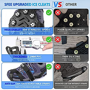 Sfee Crampons for Winter Boots, Upgraded Ice Cleats Stainless Steel Women Men Anti Slip Ice Traction Cleats Grips with Straps, Perfect for Hiking, Walking, Climbing, Ice Fishing(M)