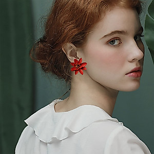Chic Cute Boho Matte Flower Statement Stud Earrings with Gold Flower Bud for Women Sister Mom Lover and Friends (Red 13)