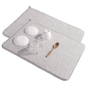 CIYSHO Dish Drying Mat for Kitchen Counter 2 Pack, 24 x 17 Inch Absorbent Microfiber Dishes Drainer Mats, Large Drying Pad for Countertop, Rack and Under Sink ( Grey )