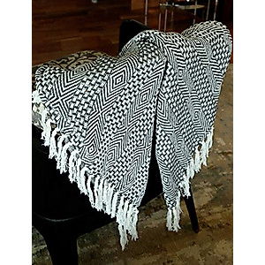 RAJRANG BRINGING RAJASTHAN TO YOU Cotton Farmhouse Throw - 50x60 Inches - Woven Knitted Blanket with Decorative Tassel for Sofa and Couch Charcoal Grey