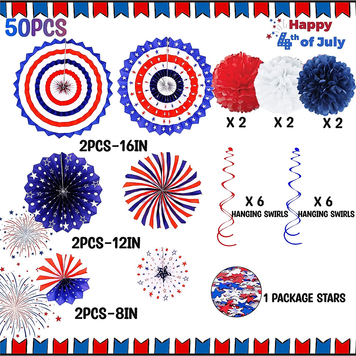 DawnHope 50PCS Patriotic Decorations, 4th of July Independence Day Red White Blue Hanging Paper Fans, Hanging Swirls, Flag Pennant, Foil Fringe, Balloons, Pom Poms Memorial Day Party Supplies Decor