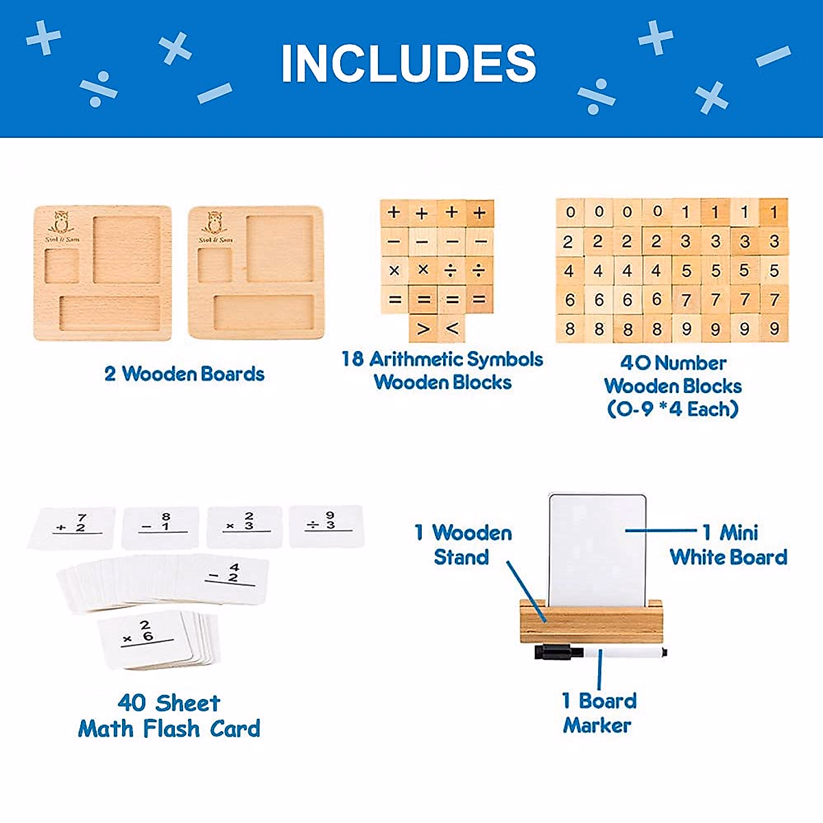 SSol & Sam Educational Math Toys - STEM Counting Toys with Math Flash Cards, Wooden Number Blocks and Boards - Montessori Toys Kindergarten Preschool Kids Ages 4+