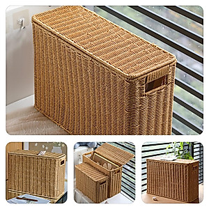 IMIKEYA Woven Wicker Basket Box with Lid Narrow Holder Woven Magazine Basket Rattan Toys Organizer Decorative Storage Bin for Home Office Closet Decor
