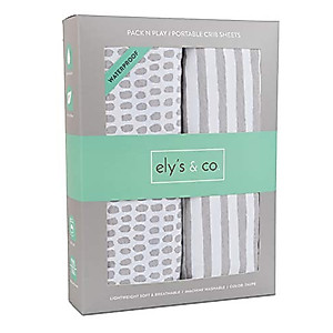 Ely's & Co. Patent Pending Waterproof Pack N Play/Mini Portable Crib Sheet with Mattress Pad Cover Protection I Taupe Stripes and Splash