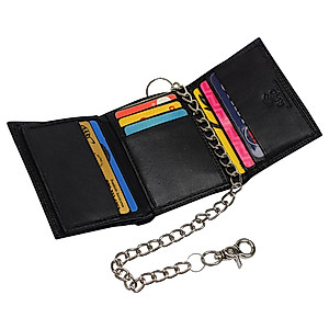 Men's RFID Blocking Premium Leather Chain Trifold Wallet (Black with Chain)