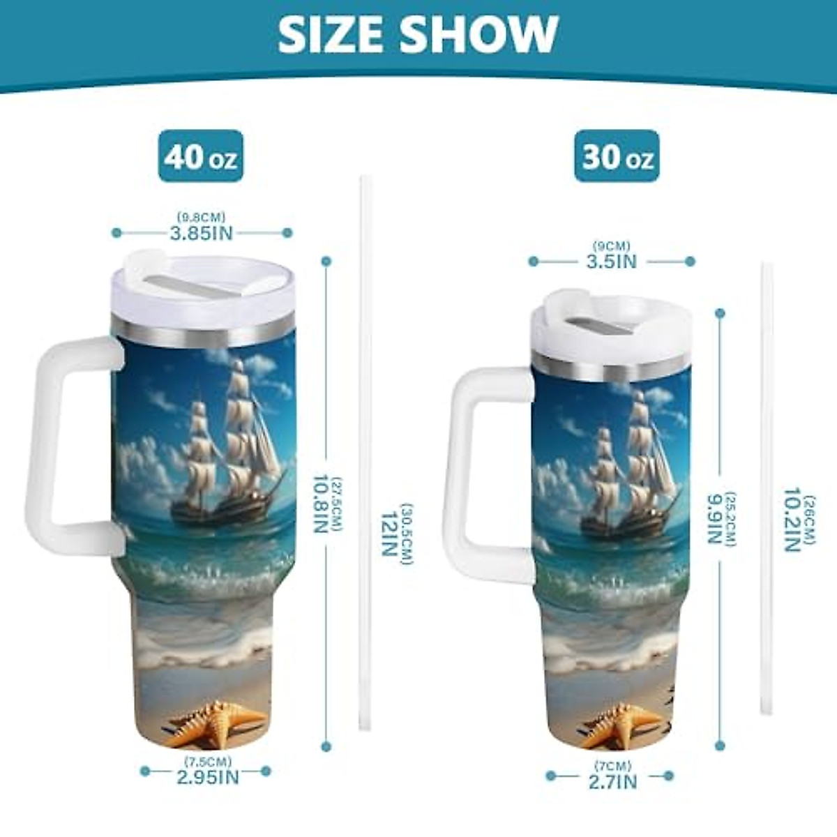 Jihqo Starfish on Seaside Beach 40 oz Stainless Steel Vacuum Insulated Tumbler with Handle and Straw Lid, Leakproof Water Bottle Double Wall Travel Mug Coffee Cup, Cupholder Friendly