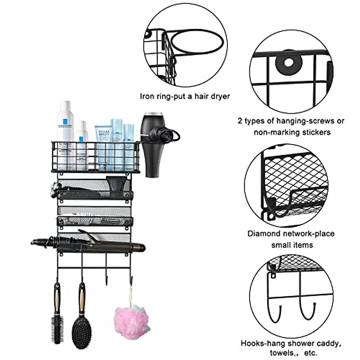 Wall-Mounted Hair Dryer Holder Styling Tool Organizer 4-Shelf Storage Wire Basket with Hook Heat Safe Rack for Hair Straighteners,Curling Wands,Flat Iron,Perfume,Cabinet Door Bathroom Kitchen