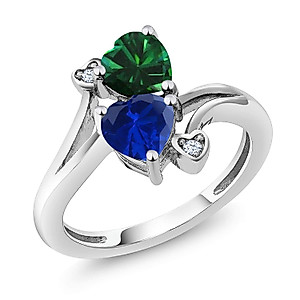 Gem Stone King 925 Sterling Silver Green Nano Emerald Blue Created Sapphire Ring For Women (1.51 Cttw, Heart Shape 6MM, Gemstone May Birthstone, Available In Size 5, 6, 7, 8, 9)