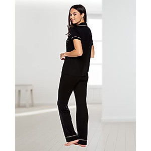 bebe Womens 2 Piece Short Sleeve Button Down Shirt and Long Pants Bridesmaid Pajamas Set (Black, X-Large)