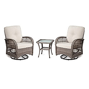Joyside Patio Bistro Set, 3-Piece Patio Wicker Swivel Rocking Chair Set, Outdoor Patio Furniture Chair with Side Coffee Table & Durable Fabric Cushion(Brown/Beige)