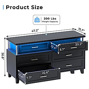 VIAGDO Dresser for Bedroom, 6 Drawer Dresser with LED Light, Modern Chest of Drawers, Wood Black Dresser for Living Room, Entryway and Hallway