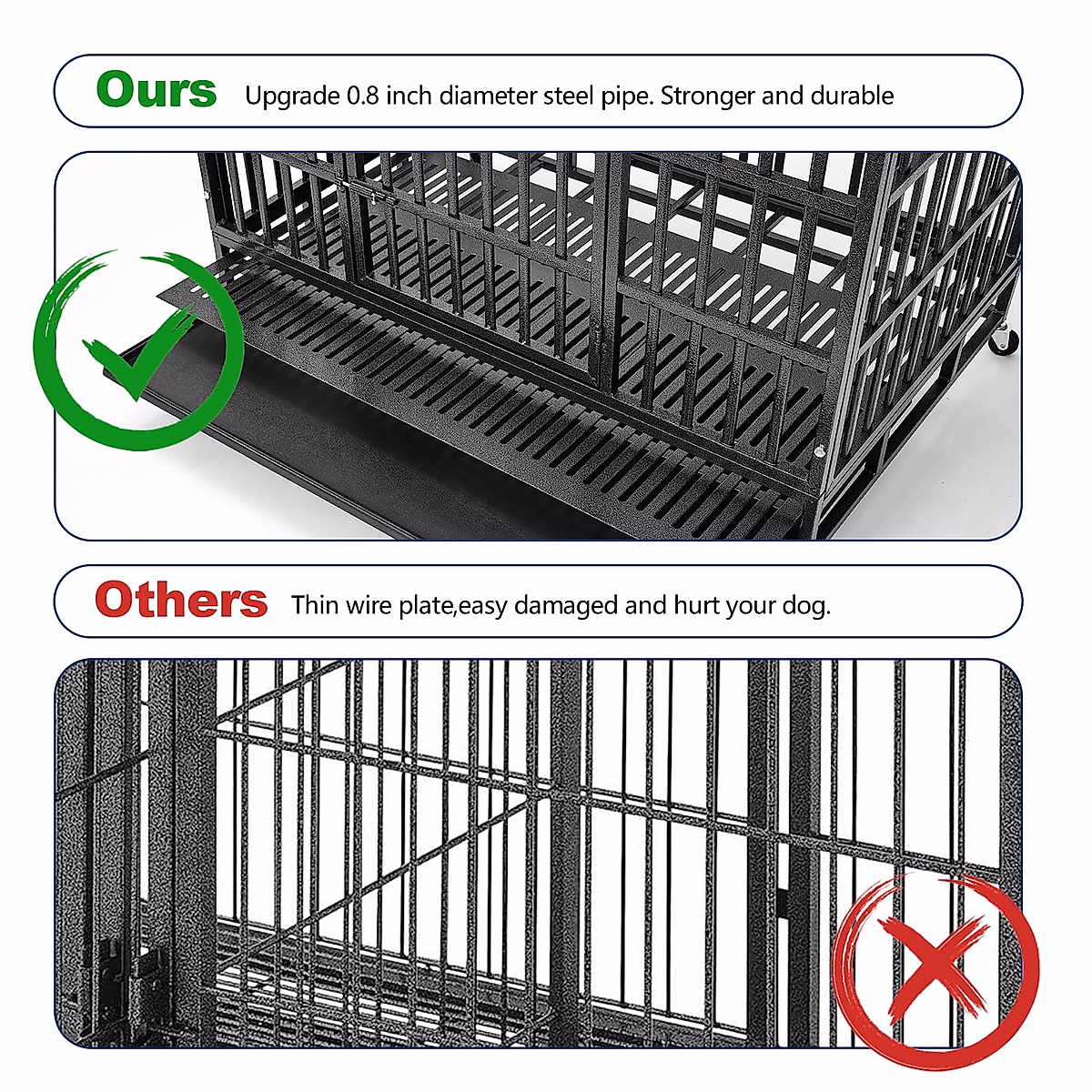 48 Inch Heavy Duty Indestructible Steel Dog Crate XXL Escape-Proof Double Door Pet Dog Cage with Lockable Wheel, New Upgraded Thickened Base Plate & Removable Tray,Black