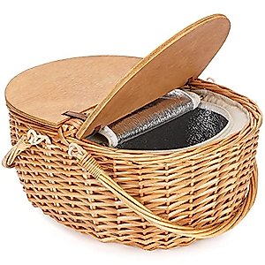 Wicker Picnic Basket with Cooler, Wooden Split Lid Picnic Basket, Vintage-Style Wicker Picnic Hamper with Folding Woven Handle for Picnic, Camping, Outdoor, Valentine Day, Thanks Giving, Birthday