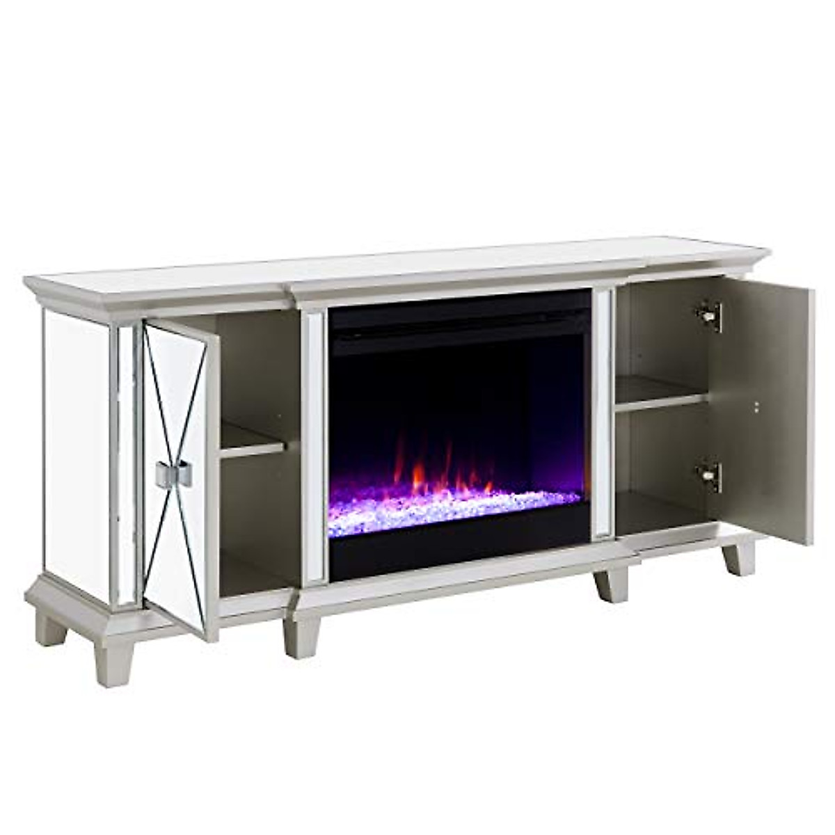 SEI Furniture Toppington Mirrored Media Console Color Changing Electric Fireplace, Silver