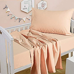 NTBAY 3-Piece Washed Cotton Toddler Sheet Set, Solid Color Crib Fitted Sheet Flat Sheet and Envelope Pillowcase, Baby Bedding Sheet & Pillowcase Sets, Blush Pink