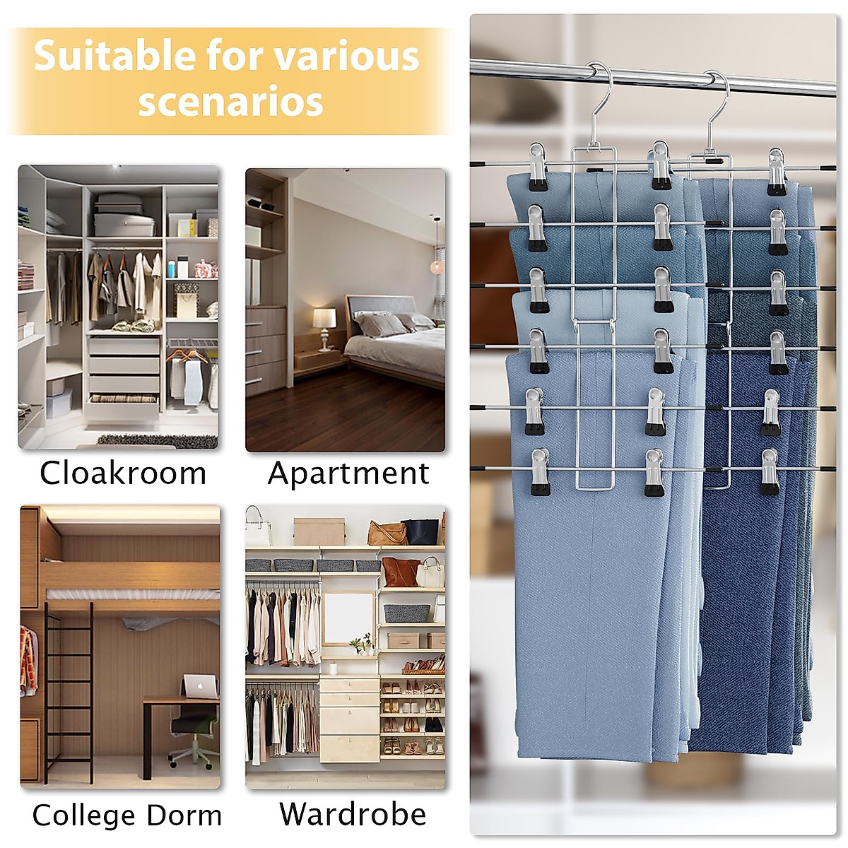 Closet Organizers and Storage-Hanging Closet Organizer-6 Tier-Skirt & Pants Hangers Space Saving-Durable Closet Organization Hangers-Skirt Hangers with Clips-2 Pack Closet Storage-Apartment Essentials