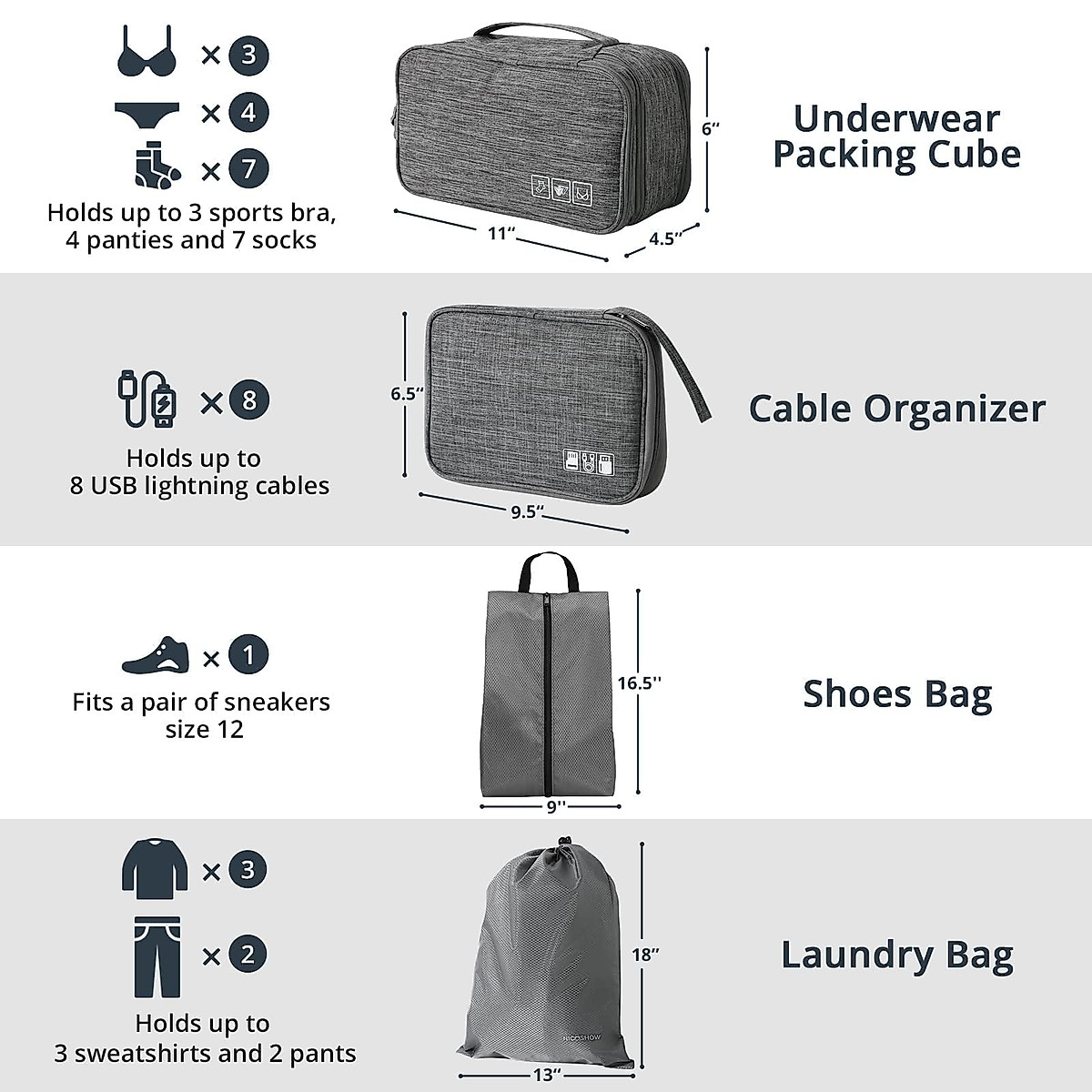 NICOSHOW 7 Set Compression Packing Cubes for Travel - Compressible, Lightweight, and Space-Saving Packing Cubes, Travel Essentials for Women, Grey