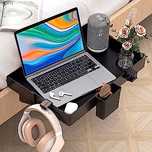 Ronlap Folding Bedside Shelf, Bunk Bed Shelf Organizer for Top Bunk Clip On Nightstand for College Dorm Loft Bed Plastic Bedside Shelf Tray for Kids with Cupholder Hooks Hanging Cup, Plus Size, Black