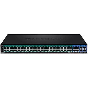 TRENDnet 52-Port Gigabit Web Smart PoE+ Switch, 48 Gigabit PoE+ Ports, 4 Shared Gigabit Ports (RJ-45 Or SFP), 370W PoE Power Budget, 104Gbps Switching Capacity, Lifetime Protection, Black, TPE-5240WS