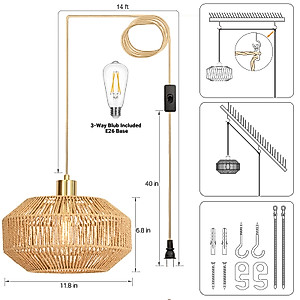 Plug in Pendant Light Paper Woven Rattan Hanging Lights Boho Hanging Lamp Rustic Farmhouse Pendant Lights for Kitchen Dining Room Bedroom Entryway, with 3-Way Dimmable Bulb (Woven)