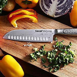 hecef 7 inch Santoku knife High Carbon Stainless Steel Japanese Chef Knife with Hammered Hollow Handle, Ultra Sharp Asian Chopping Kitchen Knife for Meat & Fish & Vegetable & Fruit