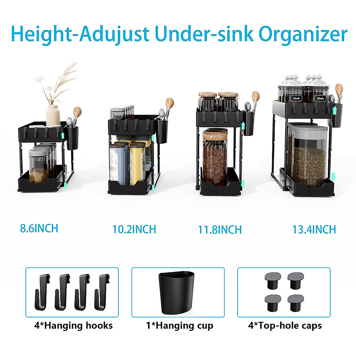Under Sink Organizers and Storage - Adjustable Height Sliding 2-Tier Pull Out Drawer Rack Multi-Purpose Under Sink Shelf Organizer for Kitchen Bathroom Under Counter Cabinet Storage (Black-2pcs)
