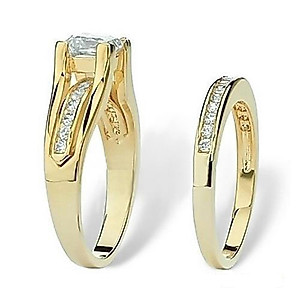 Marimor Jewelry His and Her 14K Gold Plated Stainless Steel 3 Piece Wedding Engagement Ring and Men's Band Set Women's Size 07 Men's Size 06