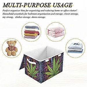 Oyihfvs Green Cannabis Leaf, Marijuana Leaves, Herb, Weed on Colorful Foldable Cube Storage Basket Collapsible Fabric with Lidded Sturdy Handles Organizer Box for Home Bedroom 16.5 x 12.6 x 11.8 in
