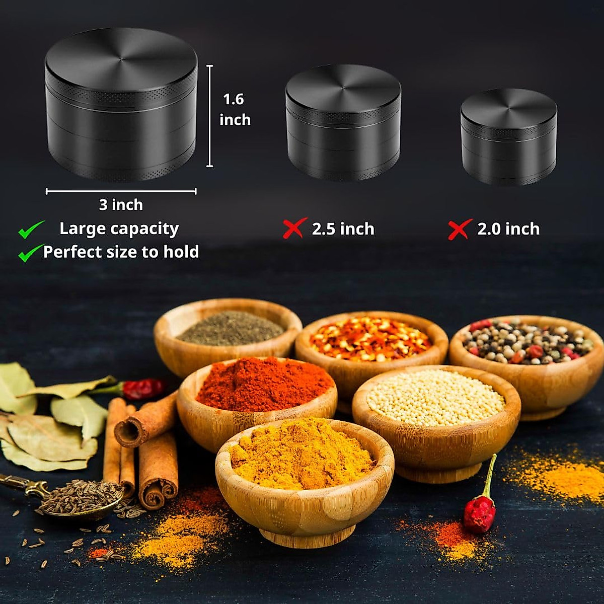 3 inch Large Spice Crusher Grinder, Portable 4-layer Manual Herb Mill, Zinc Alloy (Black) with Magnetic Lid and Screen
