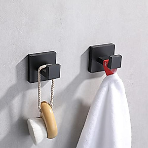 Wieonios Wall Towel Hooks Matte Black Bathroom Bath Towel Hook Stainless Steel, Square Towel Robe Coat Hook Wall Mounted Toilet Kitchen Heavy Duty Door Hanger 4 Pack