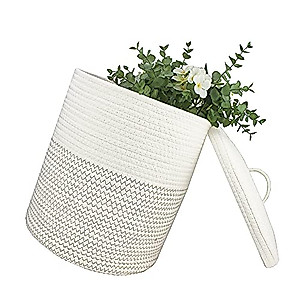 Yimi's Dream Woven Basket with Lid, Decorative Rope Storage Baskets for Organizing, medium Baskets for Baby, Kids, Toys, Blanket, Woven Baskets for Storage (White & Blacksuture, 12D x 13.5H inch)