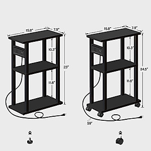 TUTOTAK Small Narrow Side Table with Charging Station, Set of 2 Skinny End Table for Small Spaces, Slim Nightstand with USB Ports and Outlet,Sofa Beside Table with Wheels, Black TB01BK047