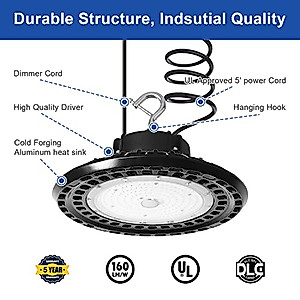 480V 240W UFO LED High Bay Light,38400LM(160lm/w) 5000K Commercial Bay Lighting(1000W MH/HPS Equiv),1-10V Dimmable LED Warehouse Workshop Light with 5' Cable,277-480V AC IP65 DLC & ETL Certified