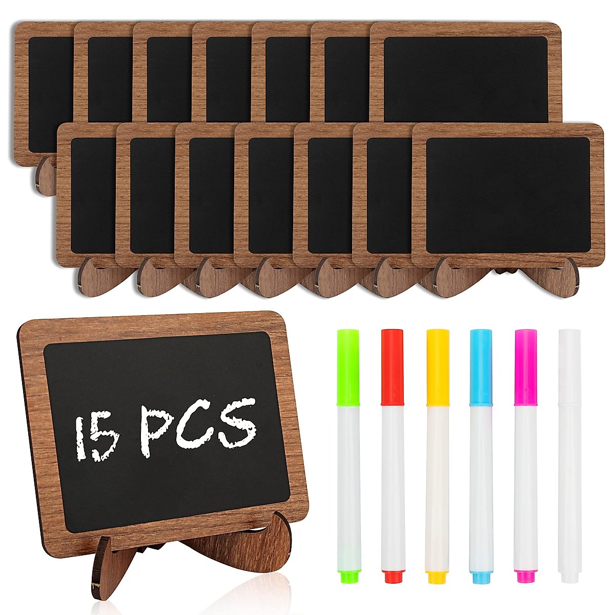 Temlum 15 Pcs Mini Chalkboard Sign with 6 Color Chalk Markers, 2.9″ x 3.9″ Wooden Blackboard Reusable Small Chalkboards for Food, Buffet, Parties, Message Boards, Table Numbers