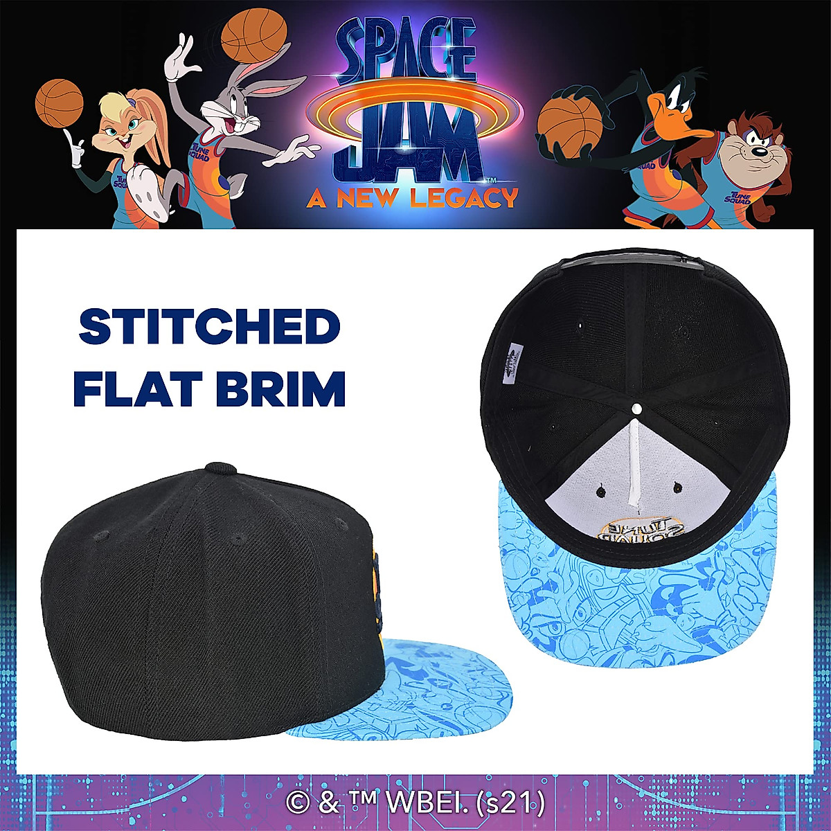 Warner Bros Space Jam 2 Tune Squad Snapback Hat, Adjustable Baseball Cap Black