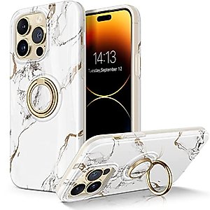 GVIEWIN Compatible with iPhone 14 Pro Case 6.1 Inch 2022, [Built-in 360° Rotatable Ring Stand] Marble Slim Stylish Durable Hard Shockproof Phone Holder Kickstand Cover(White/Gold)