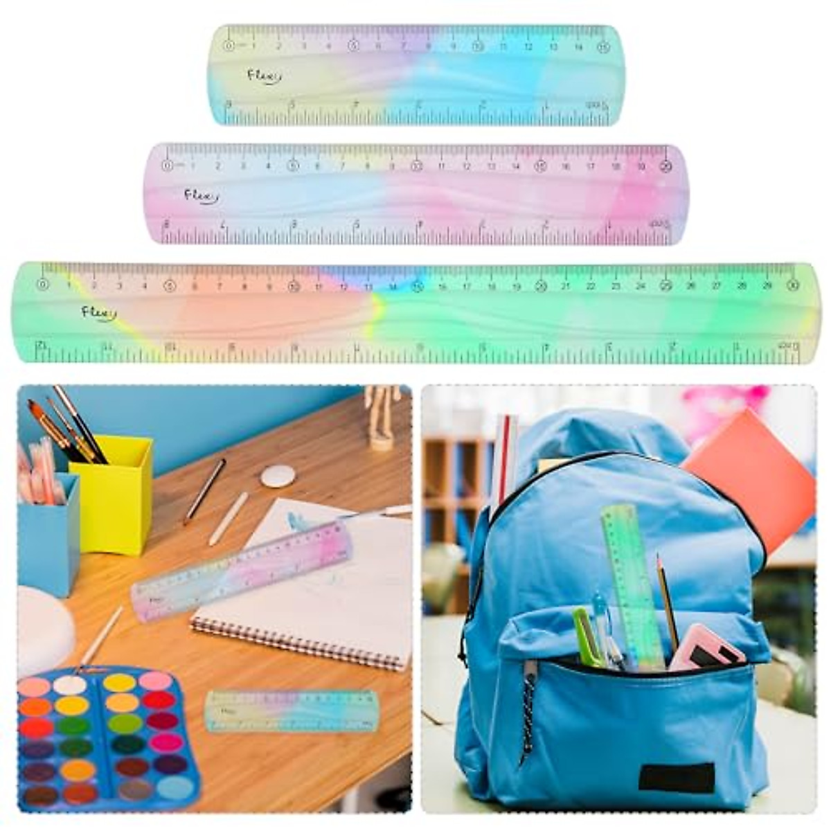 Amabro Rulers Set, 3PCS Flexible Ruler Straight Edge Ruler Transparent Rulers Bendable Plastic Ruler 12/8/6 Inch Dual Scale Rulers Soft Colorful Ruler for Office School Classroom Home Supplies