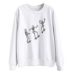 ZAFUL Women's Halloween Skeleton Print Long Sleeve Pullover Sweatshirt Hoodie Tops (1-White, L)