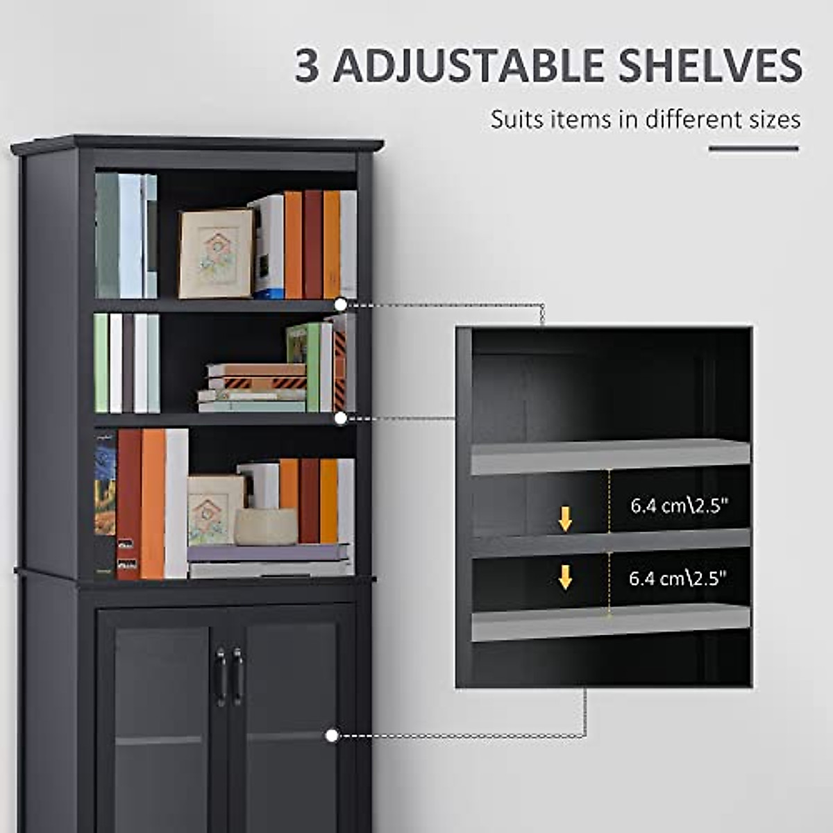 HOMCOM 71" Bookcase Storage Hutch Cabinet with Adjustable Shelves and Glass Doors for Home Office, Kitchen, Living Room, Black