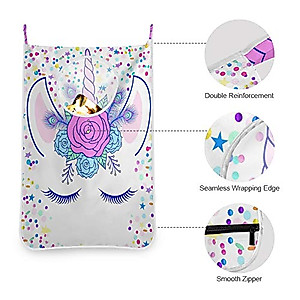 Cream Unicorn Magic Head Door Hanging Laundry Hamper Bag Floral Unicorn Space Saving Wall Large Laundry Basket Storage Dirty Clothes Bags with Bottom Zippers Hooks for Bathroom Bedroom 1 Pcs